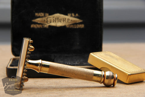 Gillette 1930's Gold Ball End Old Type Style DE Razor in Black Leather ...