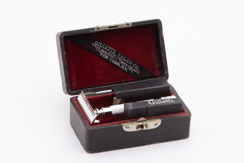 1904 Gillette Double Ring Old Type Safety Razor Set w/ Case & Blade Ba ...